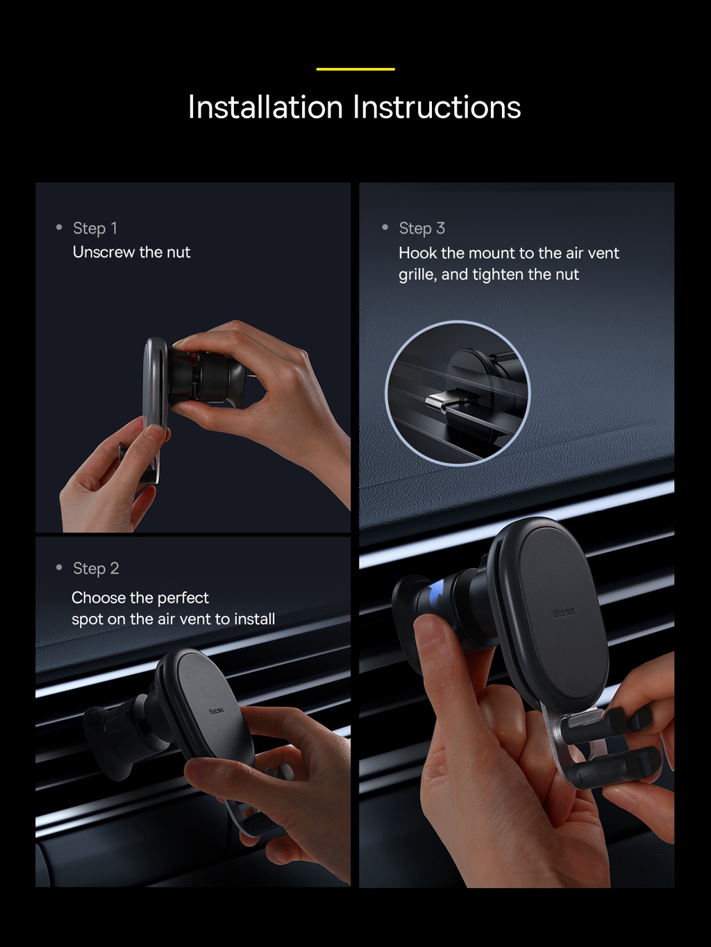 Baseus Car Phone Holder Metal Silicone Gravity Auto Air Vent Smartphone ...
