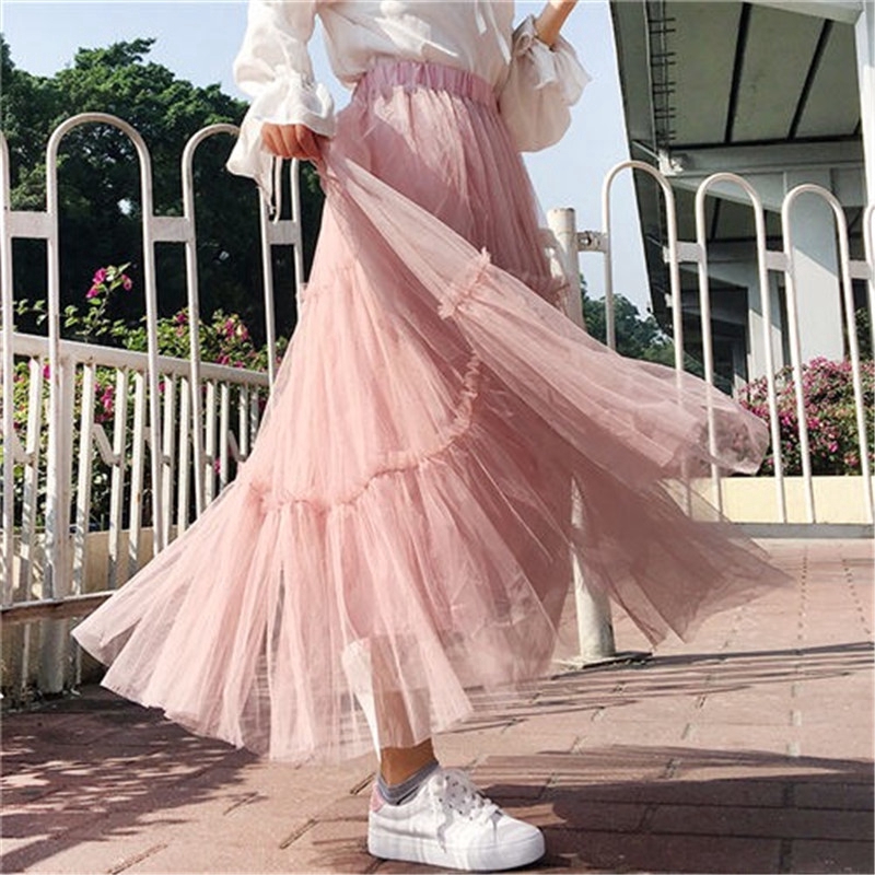 Women Tulle Mesh Skirt High Waist 3 Layers Pleated Maxi Long Dress ...