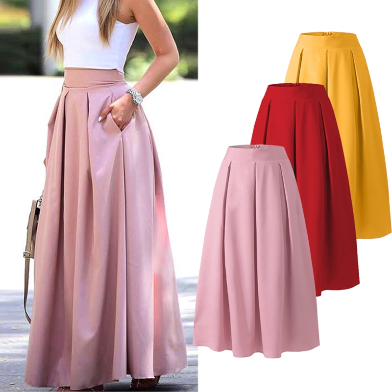 Zanzea Women High Waist A Line Pleated Plain Color Maxi Skirt Shopee