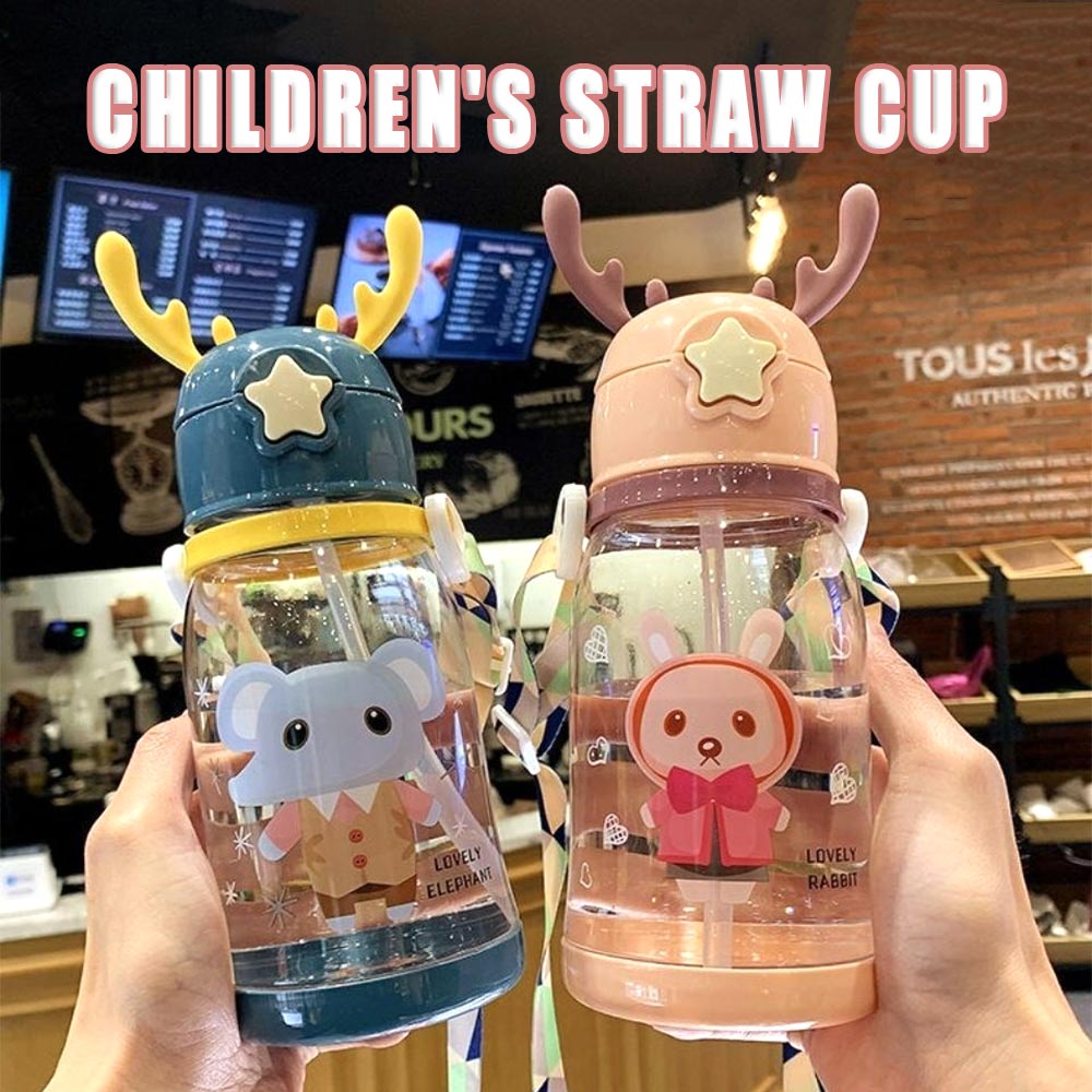 Children's Antler Straw Plastic Cup Cartoon Portable Anti-fall Anti ...
