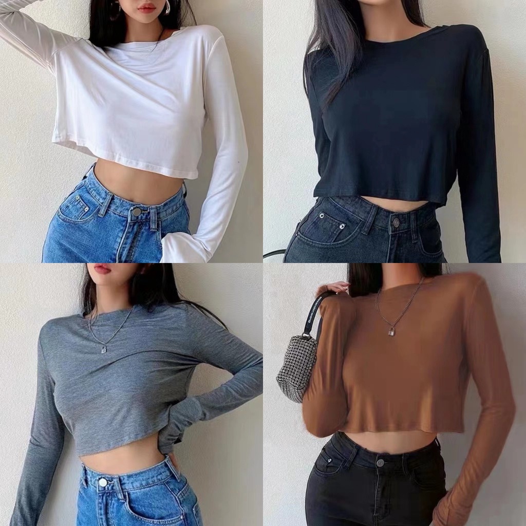 Angelcity Round Neck Long Sleever Korean Semi Crop Top WIN | Shopee ...