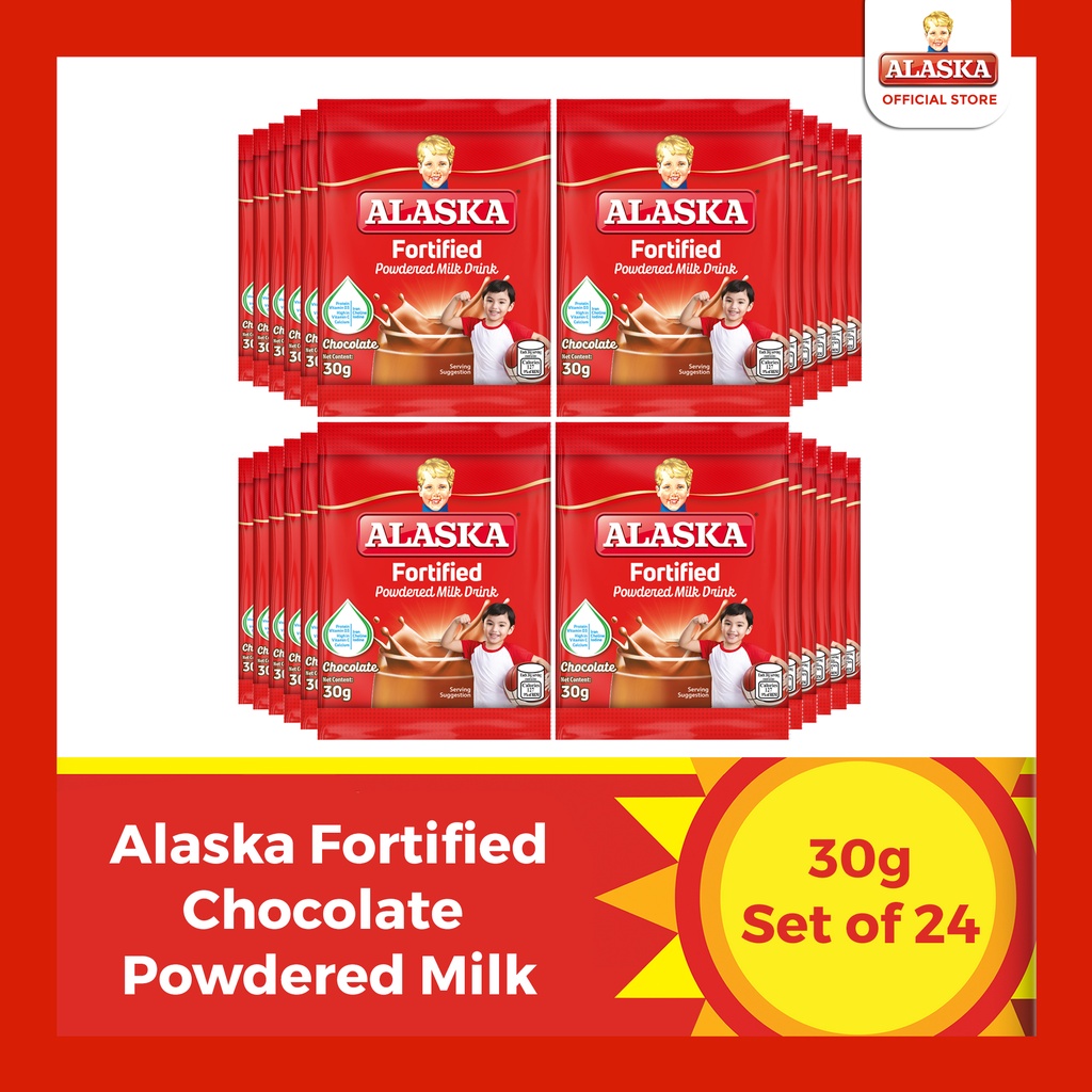 Alaska Fortified Chocolate Powdered Milk Drink 30g | Set of 24 presyo ₱240