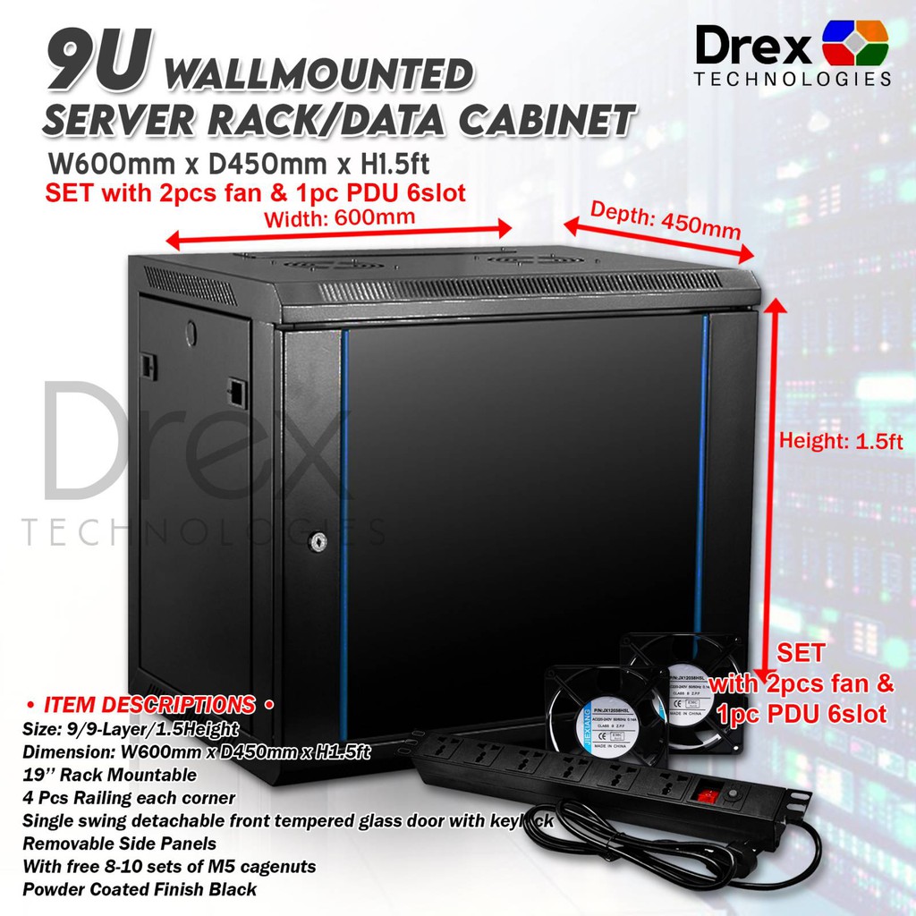 9u 9 Layer Wallmounted Data Cabinet 600x450x1 5ft W 2pcs Fan 1pc Pdu 6 ...