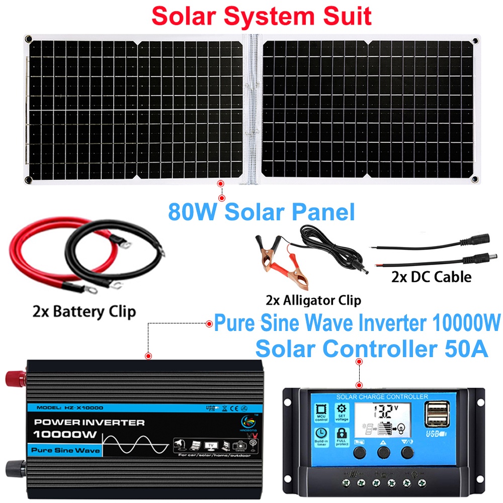 JONHAO Solar Power System 80W Solar Panel+10000W/12000W Pure Sine Wave ...
