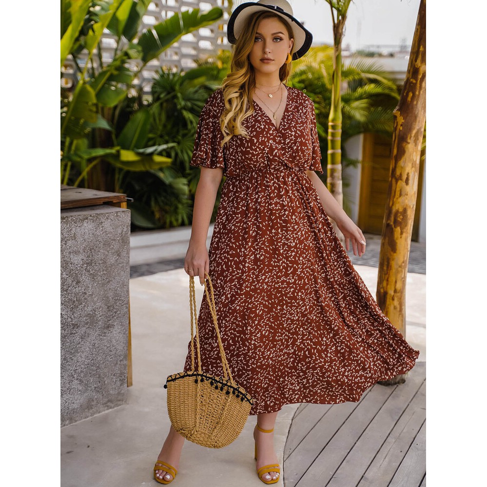 A2674 PLUS CHIC Surplice V-neck Garter Splash Floral Plus Size Dress ...