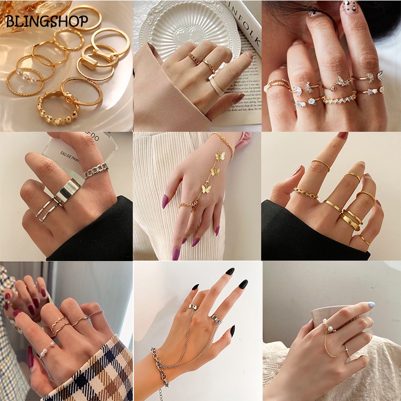 Fashion Retro Gold Ring Set Luxury Pearl Star Rings Butterfly Snake ...