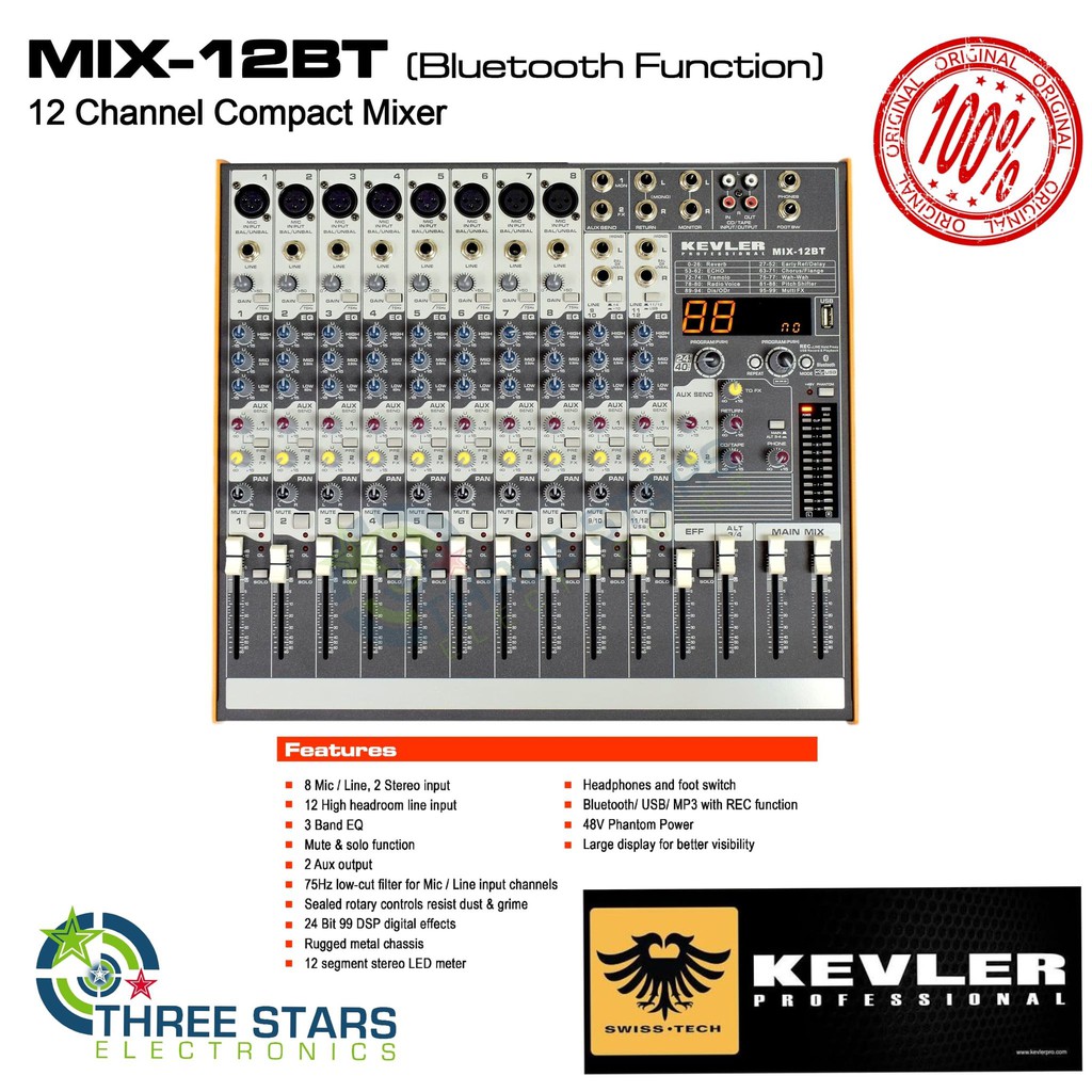 Kevler MIX-12BT Professional Mixer with 12 Channel 8 Mic / Line 2 Aux ...