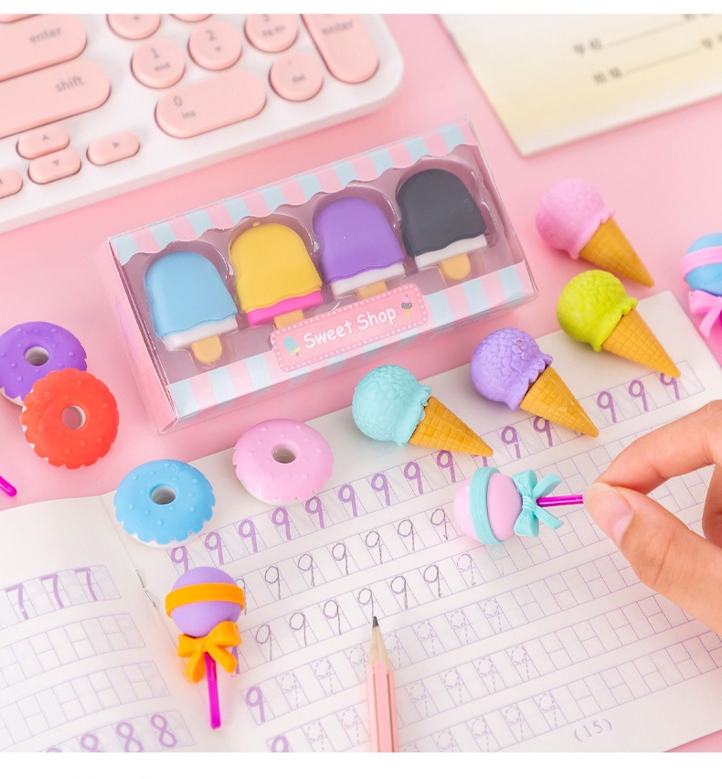 Food Erasers for Kids, 4 Pcs/pack 3D Cute Mini Ice Cream Donut Take ...