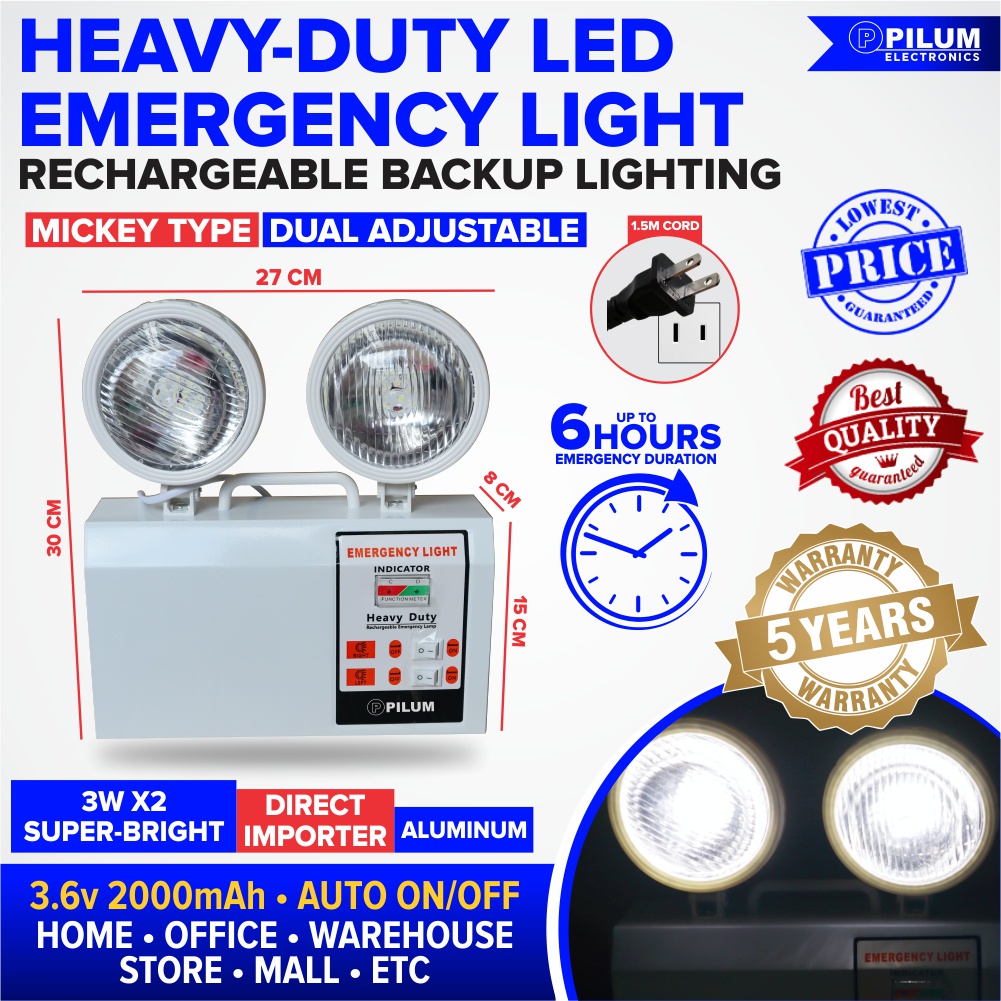 Heavy-Duty Emergency LED Light Dual 3w Twin Head Adjustable / Wall Mounted / Rechargeable Backup ...