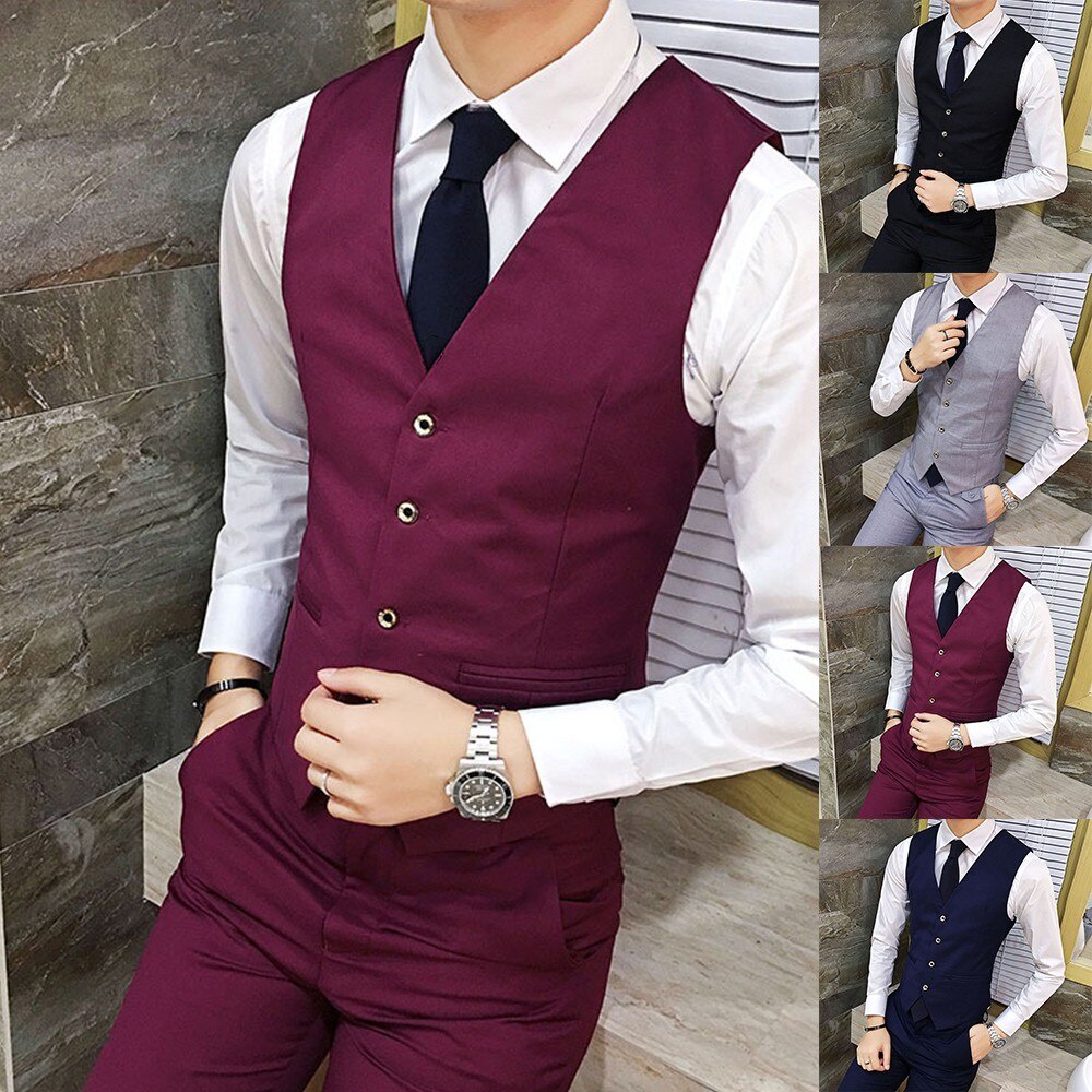 Business Men V-Neck Sleeveless Waistcoat Slim Fit Working Wedding Vest ...