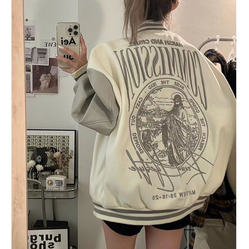 Ihkke Leather Sleeve Retro Hip Hop Street Typography Baseball Uniform ...