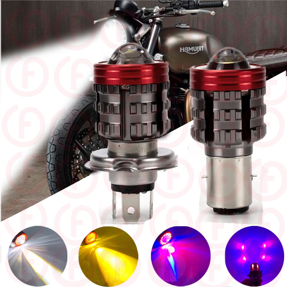 H4 HS1 LED Motorcycle Headlight Bulb BA20D LED Lens Fog Lights High-Low Beam Four-Modes Flash ...