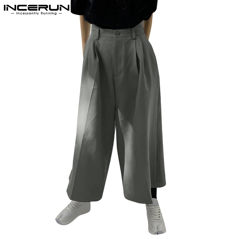 INCERUN Men's Casual Solid Color High Waist Wide Pleated Leg Loose ...
