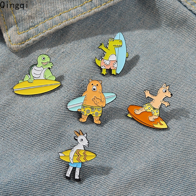 Ocean Surfing Enamel Pins Goat Bear Dog Crocodile Turtle Brooches Lapel ...