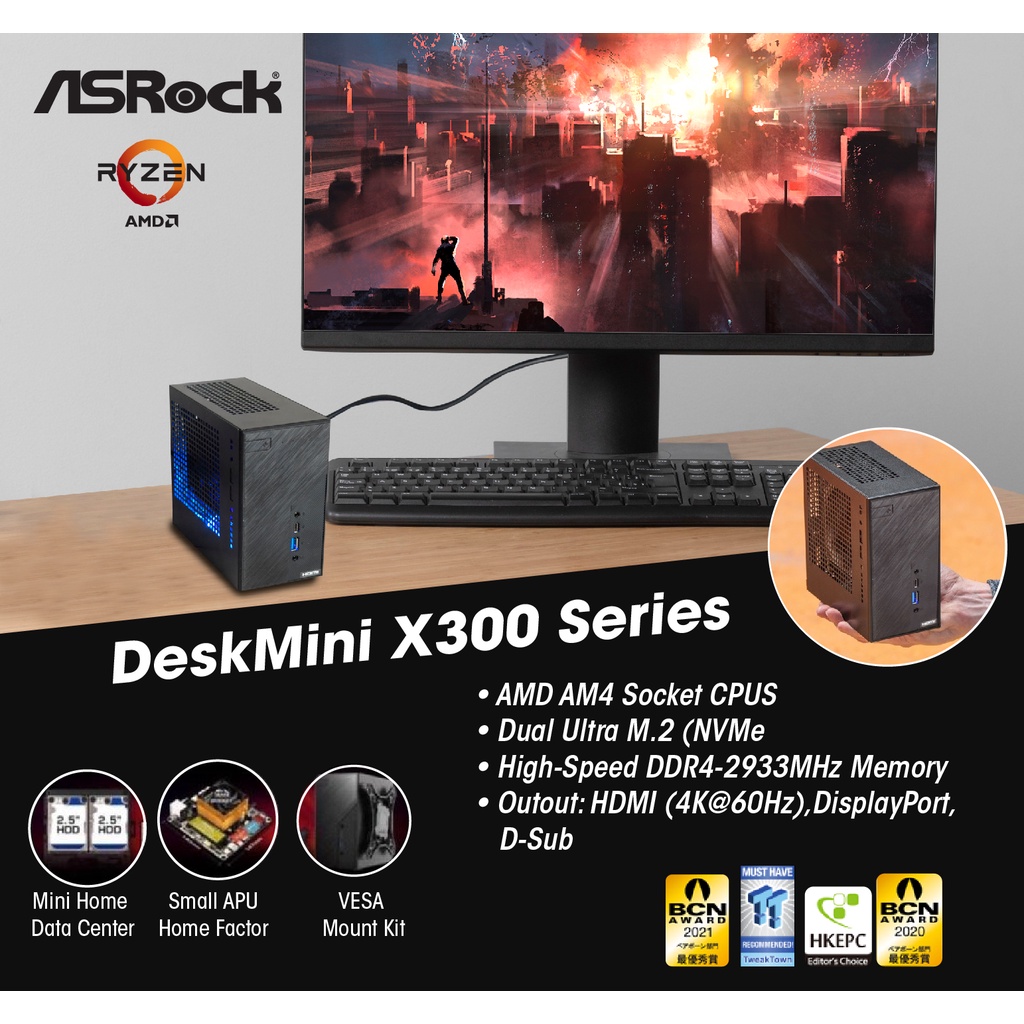 Asrock DeskMini X300 Series AMD Ryzen AMD AM4 Socket CPU Dual Ultra M.2 ...