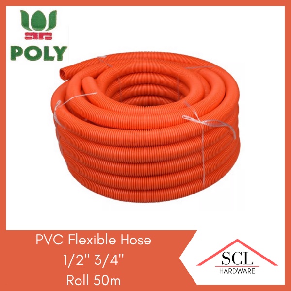 POLY PVC Flexible Hose 1/2" 3/4" Sold per roll (50m) Orange Flexible ...