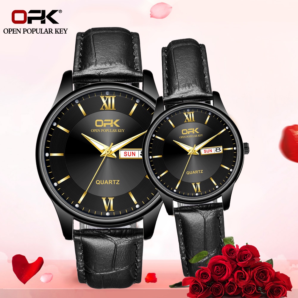 OPK Couple Watch Leather With Box Quartz Luminous Dual Calendar Watch ...