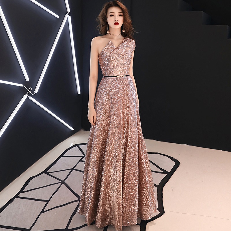 Temperament Sequins Evening Dress One Shoulder V-neck Slim A-line ...