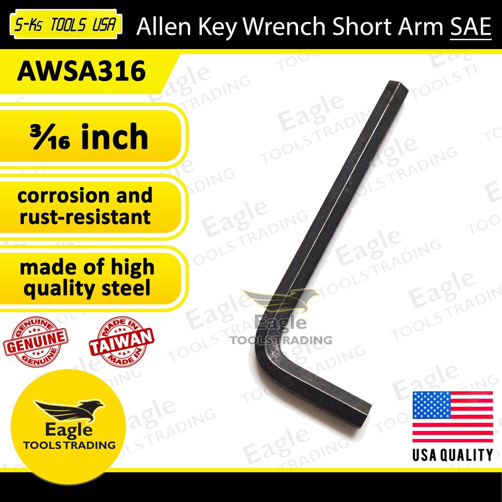 S-Ks Tools USA Allen Key Wrench 3/16 inch Short Arm Hex Key AWSA316 ...