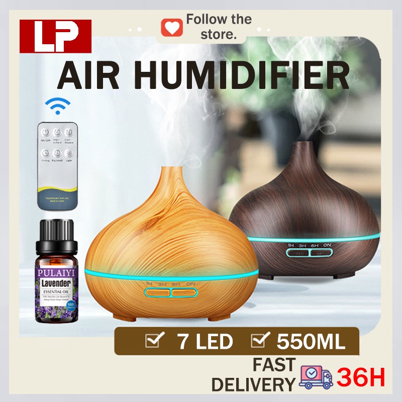 550ML 7 Color LED Wood Grain Humidifier with Essential Oil Aroma ...