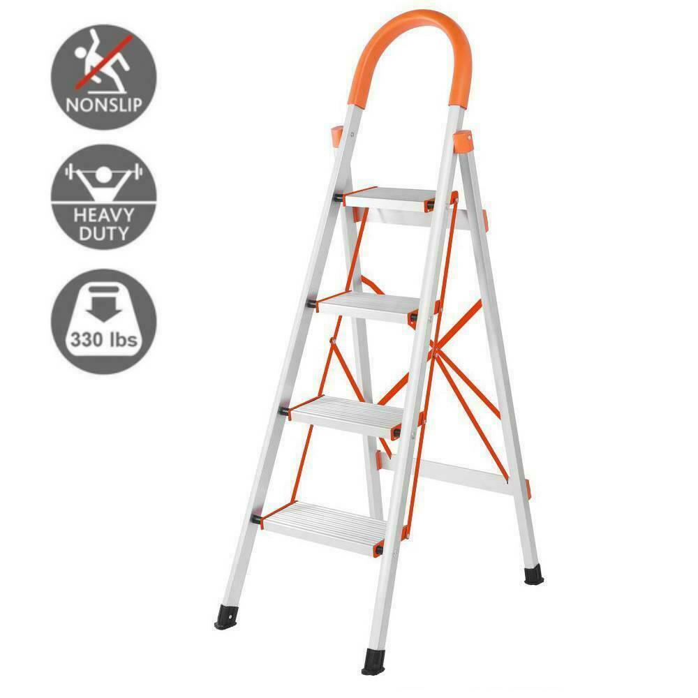 HomeCare 4-Step Portable Folding Steel Ladder w/ Hand Rail, Wide ...
