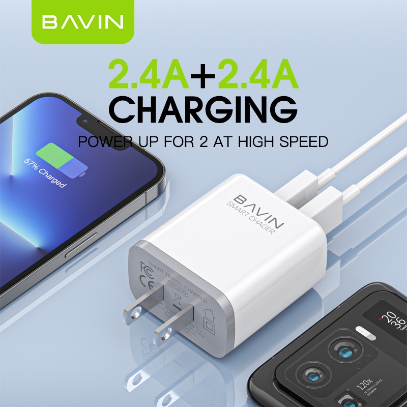 BAVIN PC829 2.4A Fast Charging Smart Wall Charger Adapter Dual USB Port ...