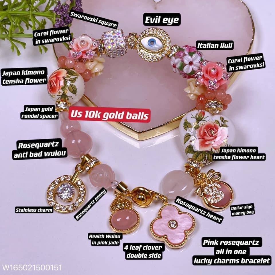 pink rosequartz all in one lucky charms bracelet | Shopee Philippines