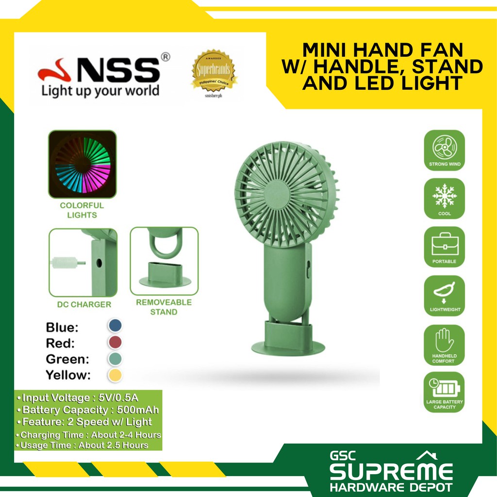 NSS Mini Hand Fan w/ Handle, Stand, and LED Light | Shopee Philippines