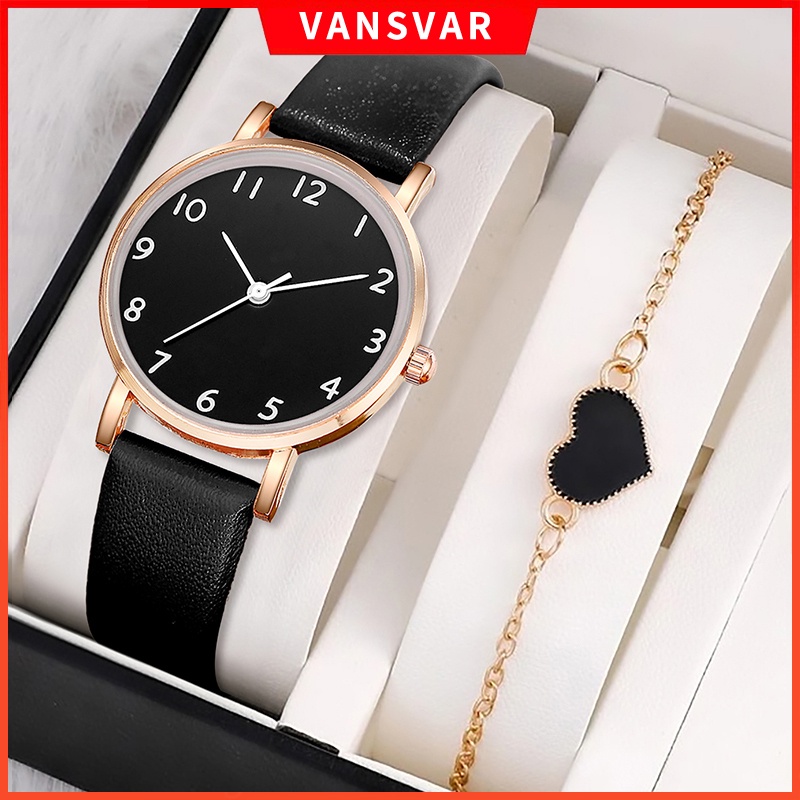 2PCS Women Watch Bracelet Set Hot Sale Leather Band Round Dial Quartz ...
