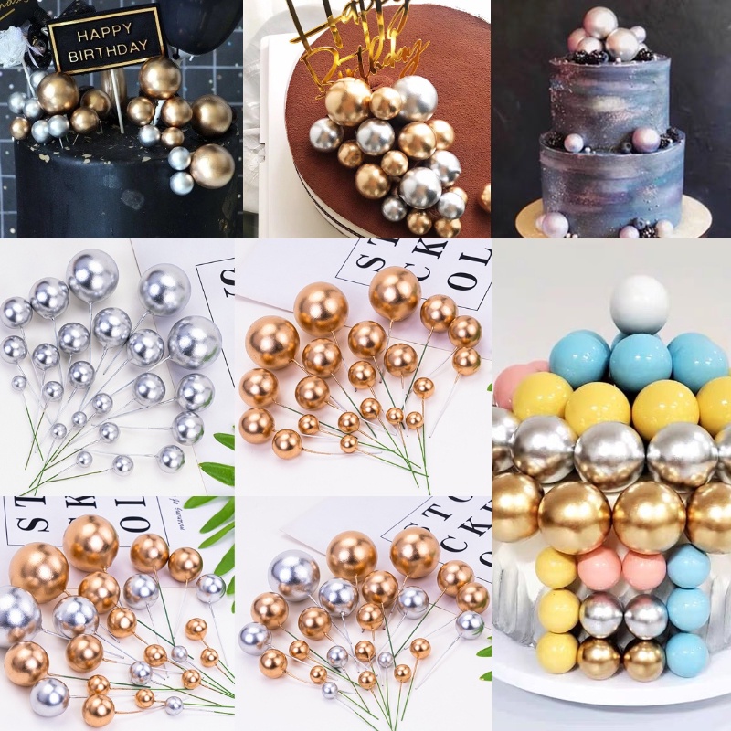 10 pcs/set Gold Ball Silver Ball Pink Ball Blue Ball Cake Topper Cake ...