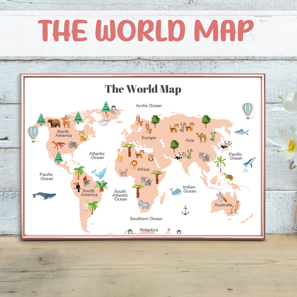 A4 A3 Animals World Map, Animal World Map Print, Nursery Wall Art ...