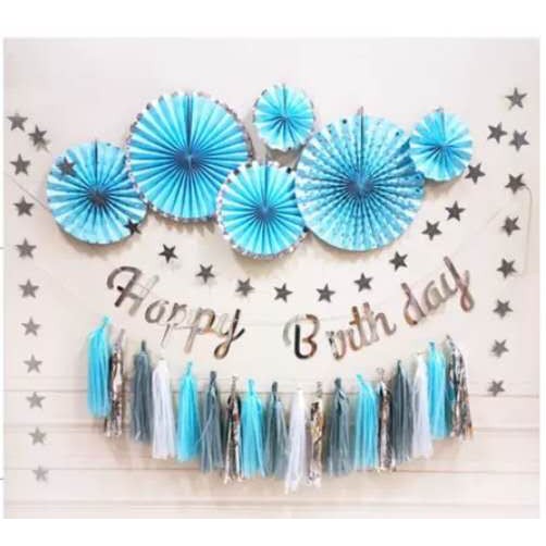 (6 in 1) Blue colour siliver trimming Paper fan flower decoration set ...
