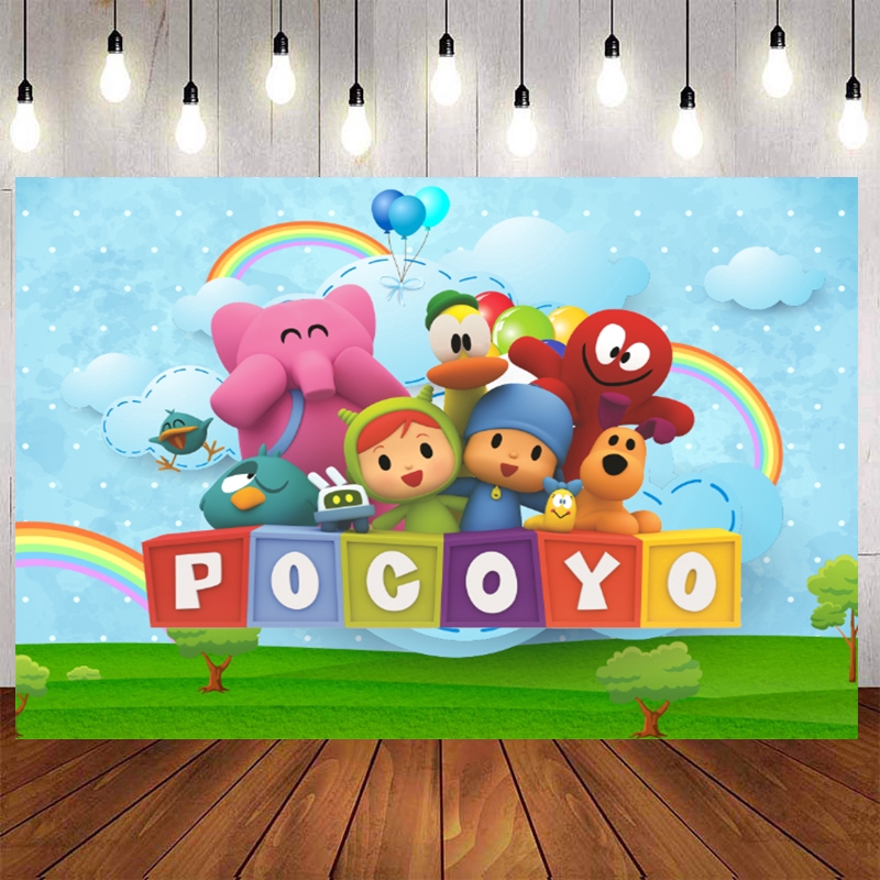 Pocoyo Animals Birthday Backdrop Rainbow Blue Sky Background For ...