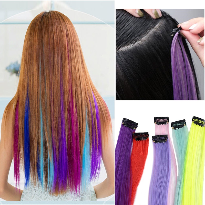 20" Long Straight Hair Extensions One Clip In Highlight Pink Synthetic ...