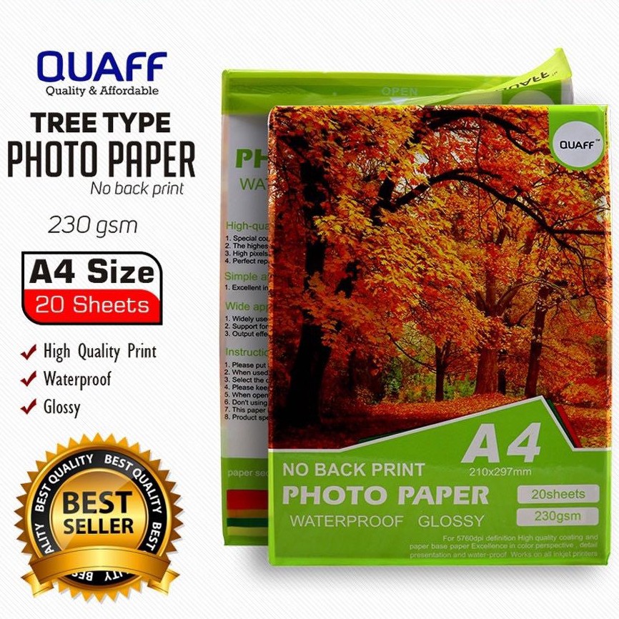 QUAFF A4 230GSM No Back Print Glossy Inkjet Photo Paper (20 sheets ...