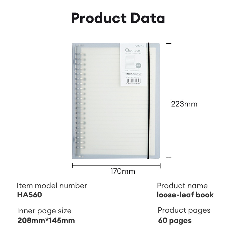 Deli A5 Loose Leaf Notebook 60Sheets Refillable Binder Notebook School ...