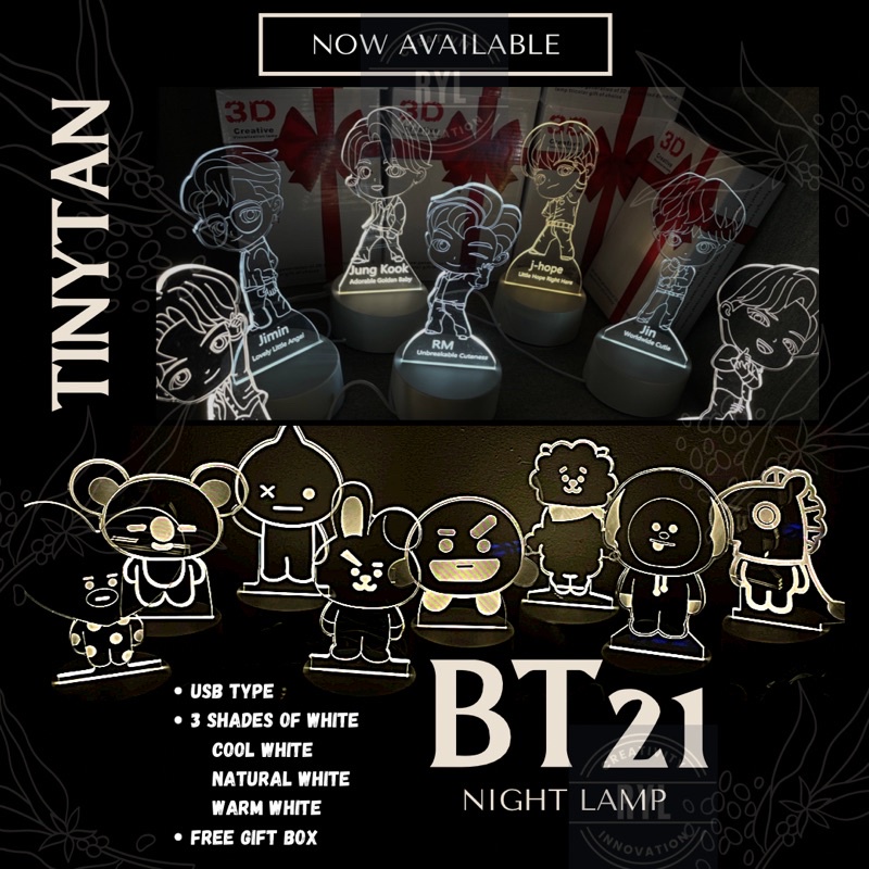 BTS Tinytan BT21 3D Night Lamp - Kpop Lamp - Jungkook V Jimin J Hope ...