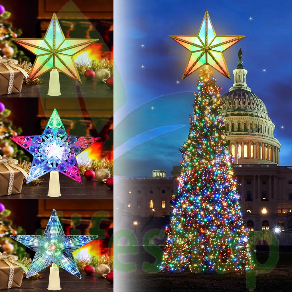 Ulife Christmas tree top star lights glitter five-pointed star tree top ...