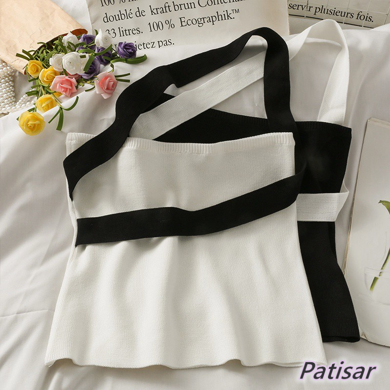 Women's Oblique Shoulder Knitted Halter Crop Top | Shopee Philippines