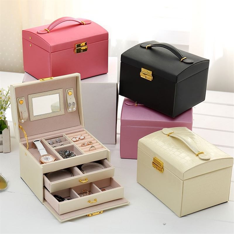 【with KEY】high quality Leather Jewelry Box Three-layer Jewelry Box ...