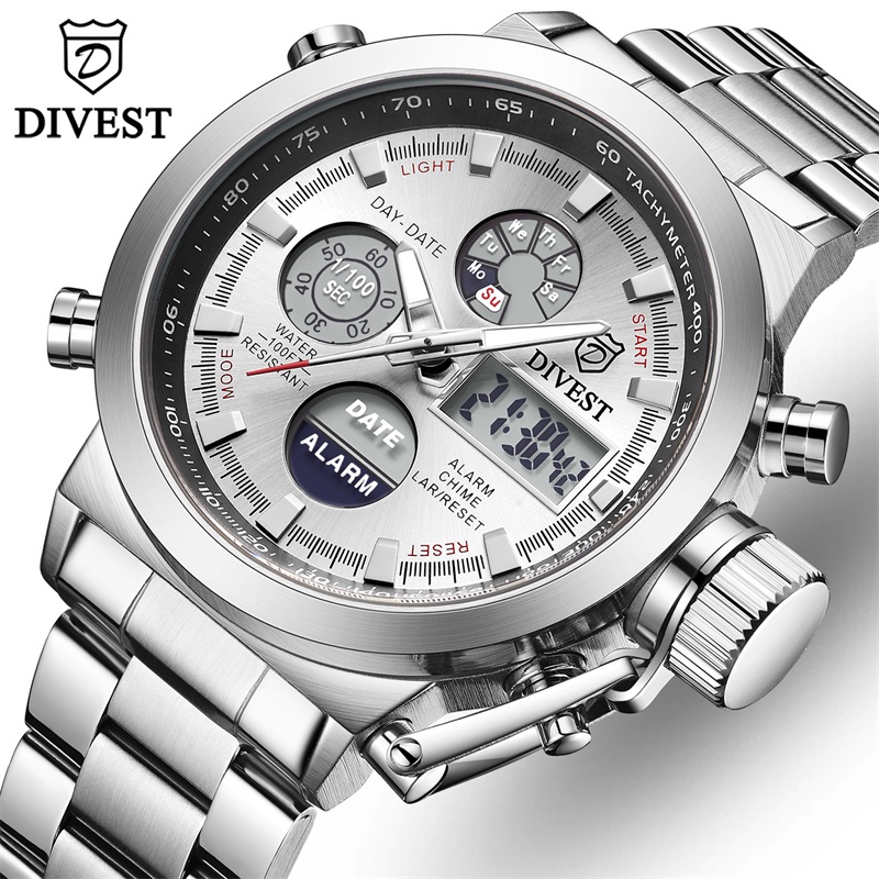 DIVEST Men's Watches Brand Fashion Casual Chrono Quartz LED Digital Original Men Watch Stainless ...