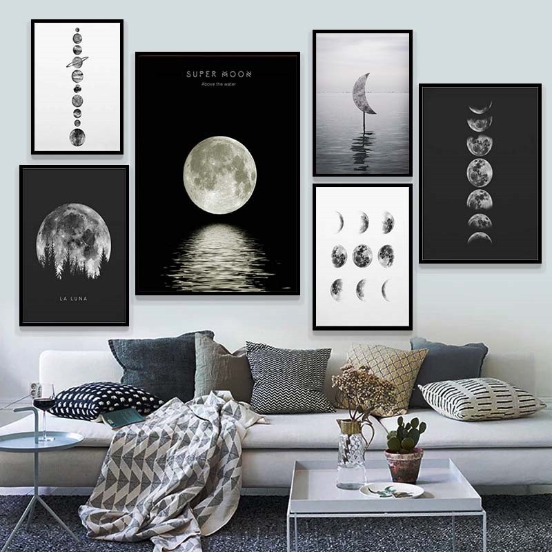 Minimalist Full Moon Poster Art Black White Moon Phases Prints Solar ...