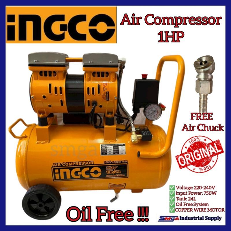 Ingco ACS175241P 24L Air Compressor 1HP Oil Free System 100% Pure ...