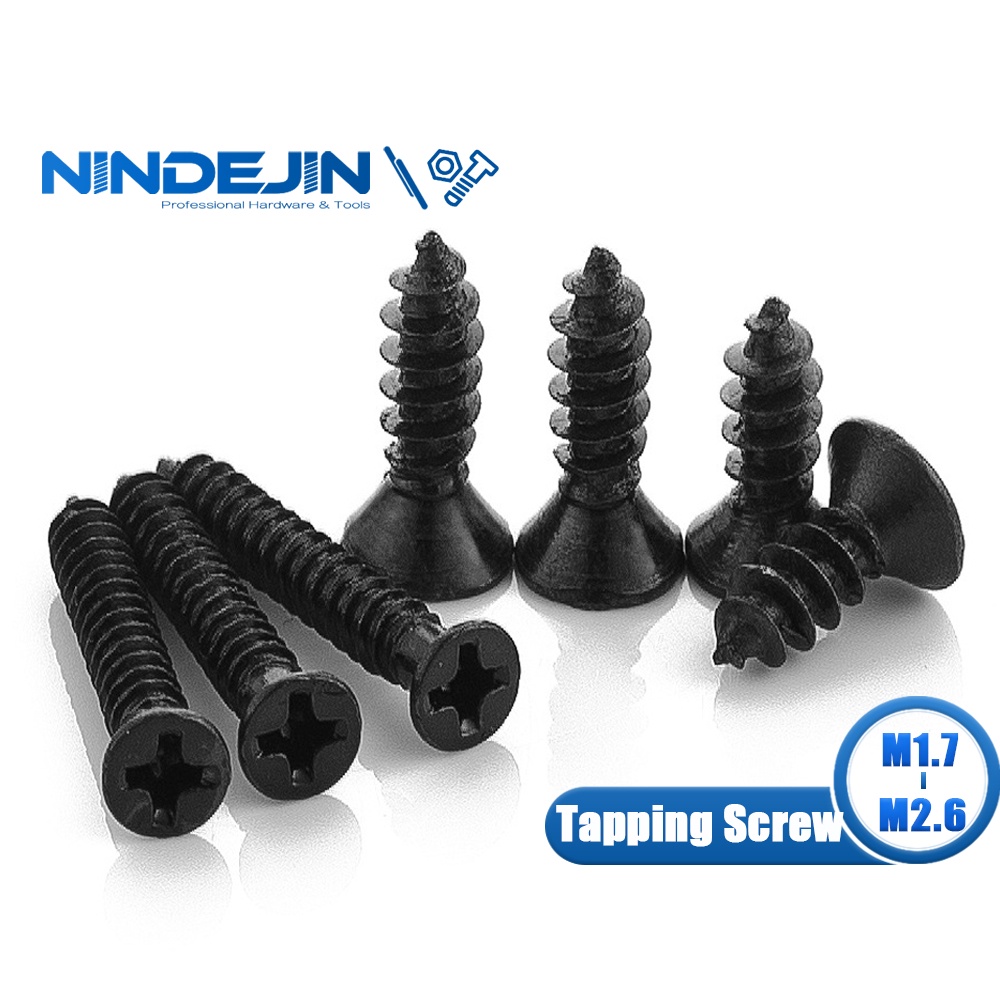 NINDEJIN Cross Countersunk Flat Head Self Tapping Screw M1.7 M2 M2.3 M2.6 Black Carbon Steel ...