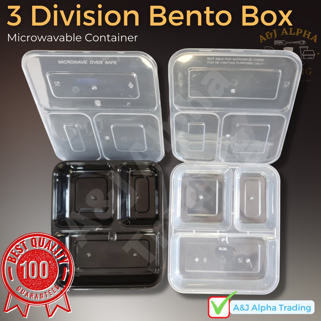 3 division Bento box Black Transparent 25pcs Microwavable | Shopee ...