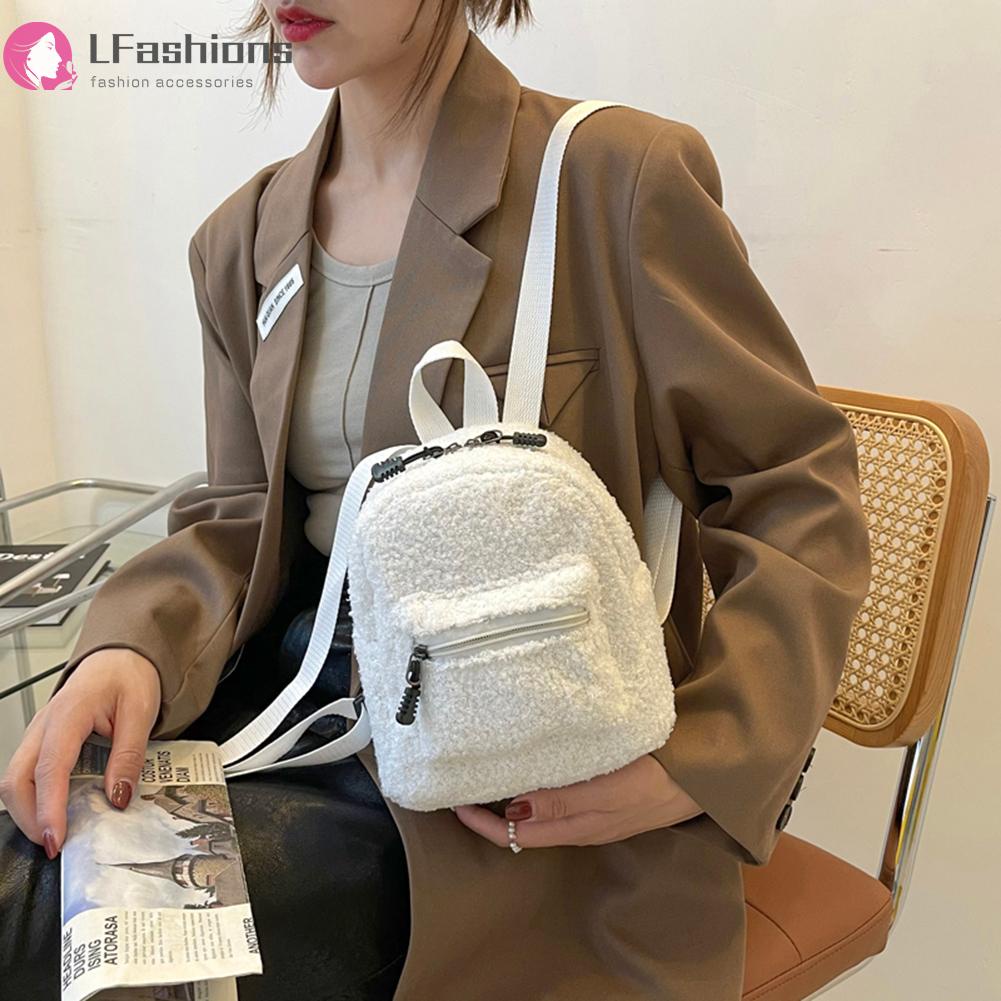 Women Mini Lamb Wool Solid Color Backpack Female Preppy Style Casual ...