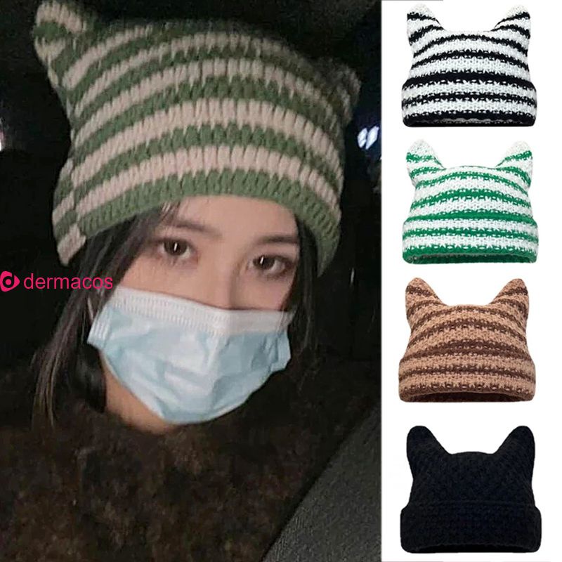 Cat Ear Stripe Knitted Cap Harajuku Punk Gothic Devil Hat Kawaii Winter Beanie Female Caps ...