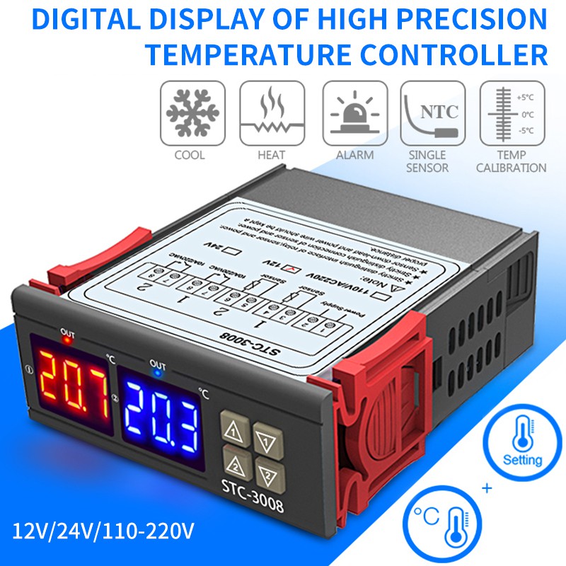 STC-3008 Dual Digital Temperature Controller Two Relay Output 12V 24V ...