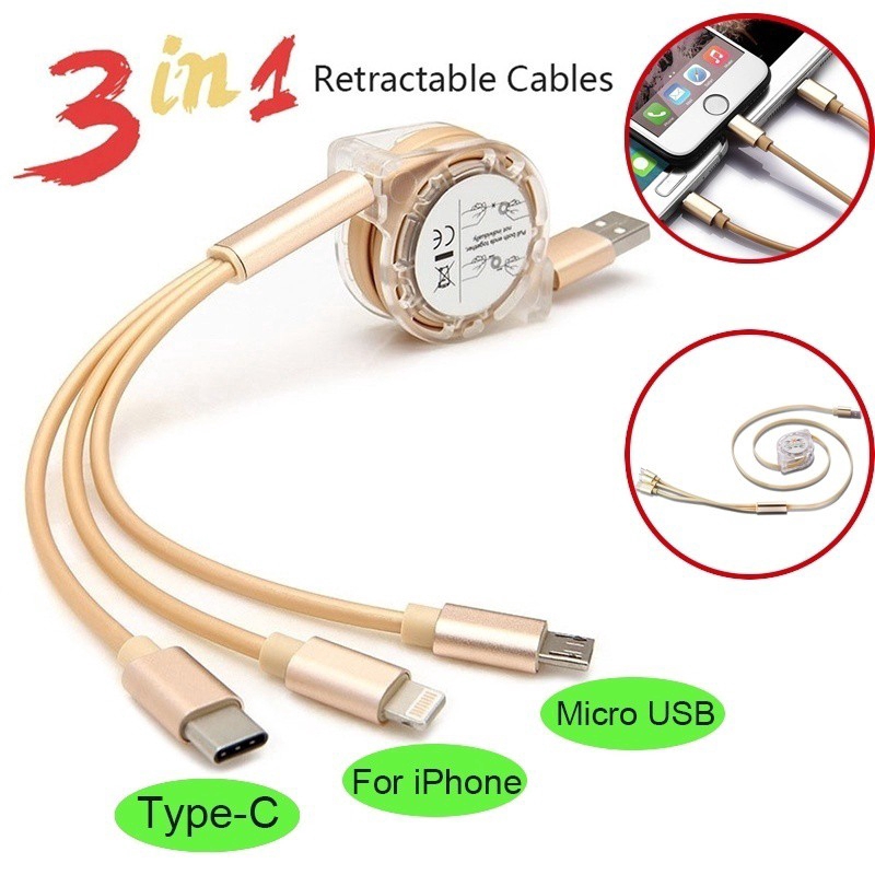 (COD) 3in1 8 Colors Telescopic Flash Charging Cable Phone Type-C Micro ...