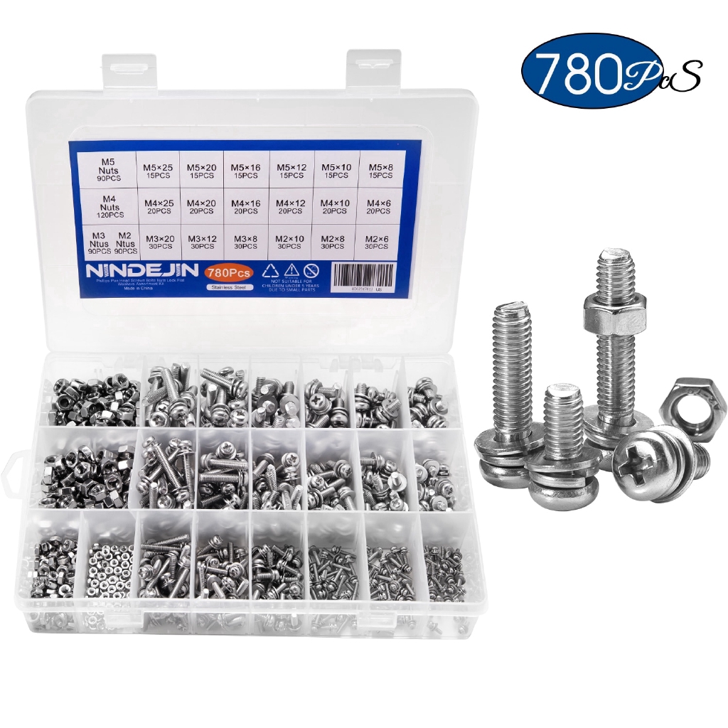 NINDEJIN 780Pcs M2 M3 M4 M5 Screws Philips Pan Head Set With Bolt Nut Lock Flat Washers Machine ...